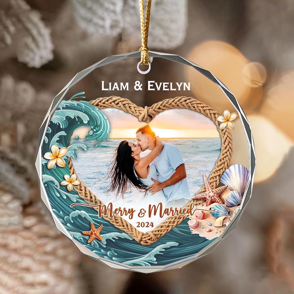 Marry And Married - Christmas Gifts Beach Vibes Personalized Glass Ornament