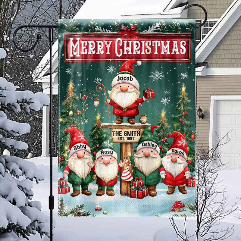 Personalized Christmas Gift Garden Flag With Gnomes Family