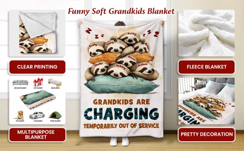 Funny Gift For Grandma Personalized Grandkids Sloths Fleece Blanket