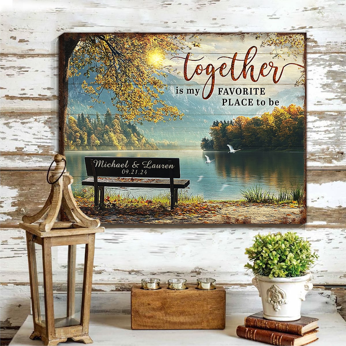 Romantic Gift For Couples Personalized Lake View Canvas With Bench